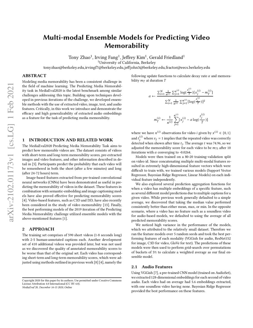 Multi Modal Ensemble Models For Predicting Video Memorability Deepai
