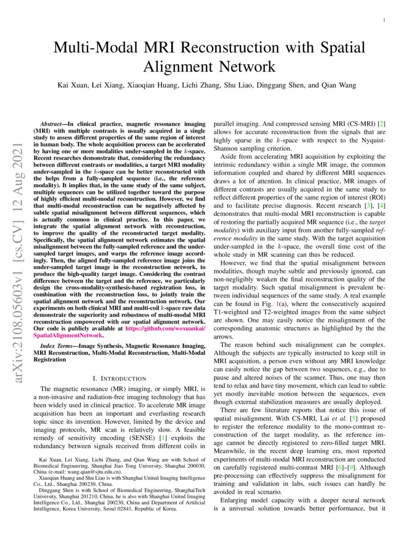 Multi-Modal MRI Reconstruction with Spatial Alignment Network | DeepAI