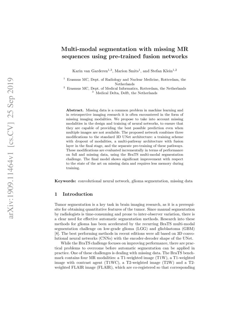 Multi Modal Segmentation With Missing Mr Sequences Using Pre Trained