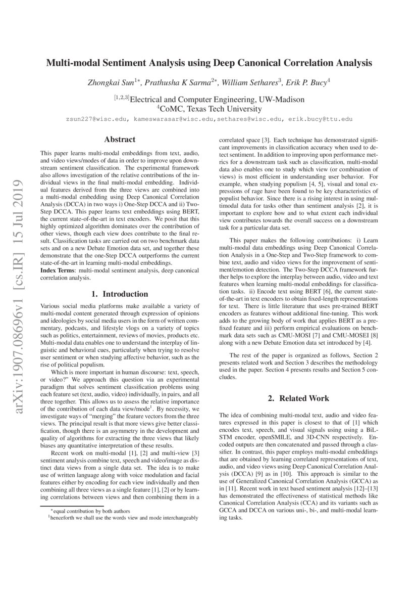 Multi-modal Sentiment Analysis using Deep Canonical Correlation ... Multi-modal Sentiment Analysis using Deep Canonical Correlation ...