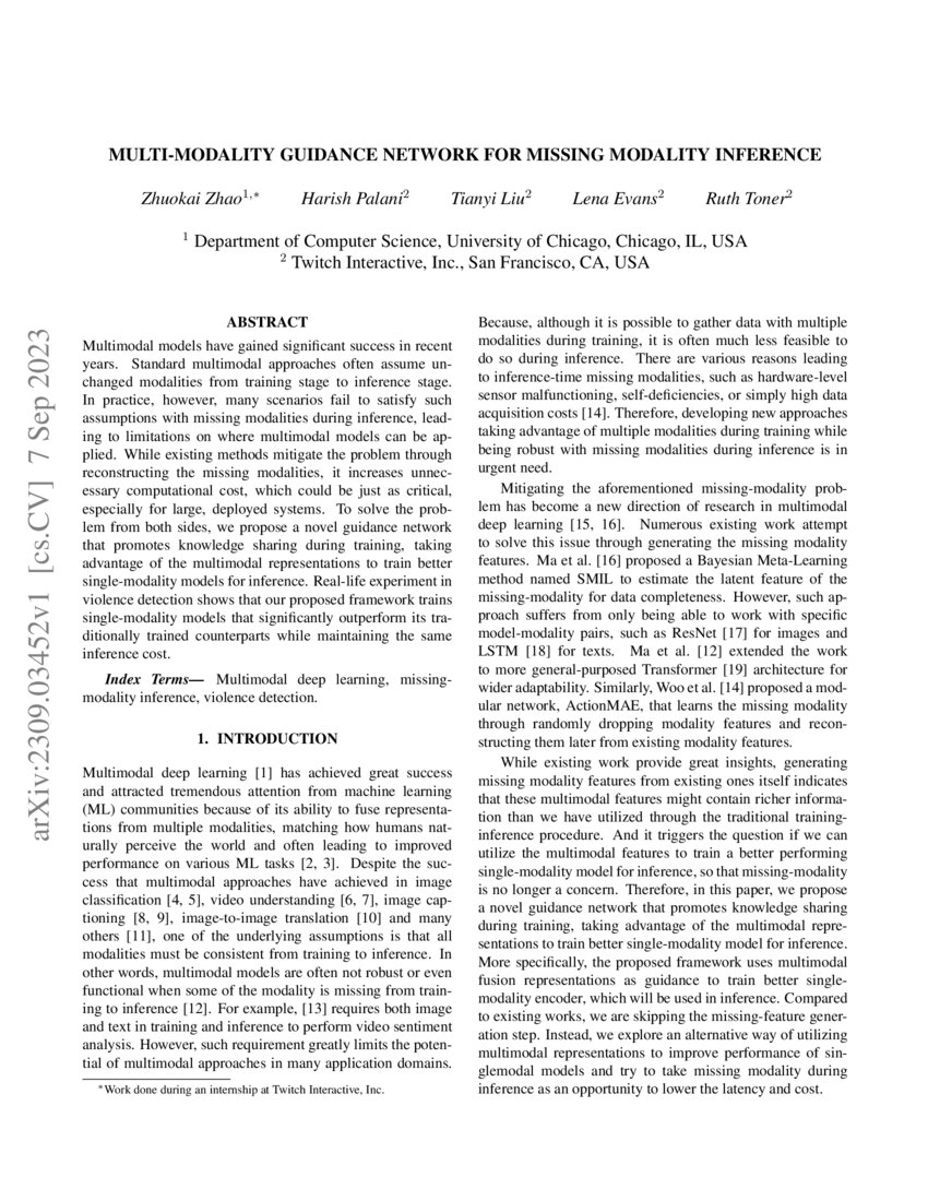 Multi-Modality Guidance Network For Missing Modality Inference | DeepAI Multi-Modality Guidance Network For Missing Modality Inference | DeepAI