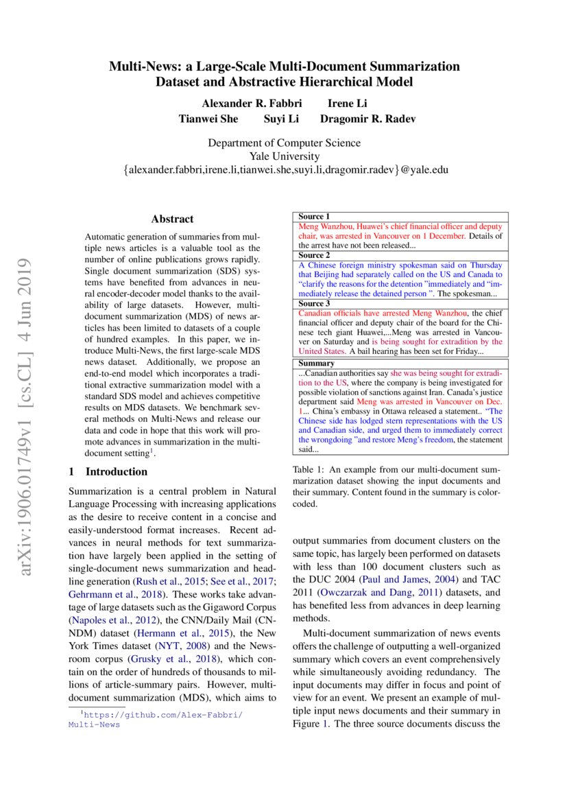 Multi News A Large Scale Multi Document Summarization Dataset And