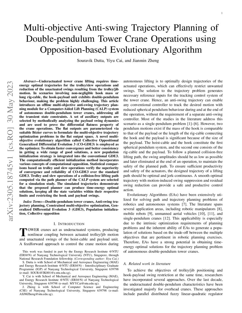 Multi Objective Anti Swing Trajectory Planning Of Double Pendulum Tower Crane Operations Using