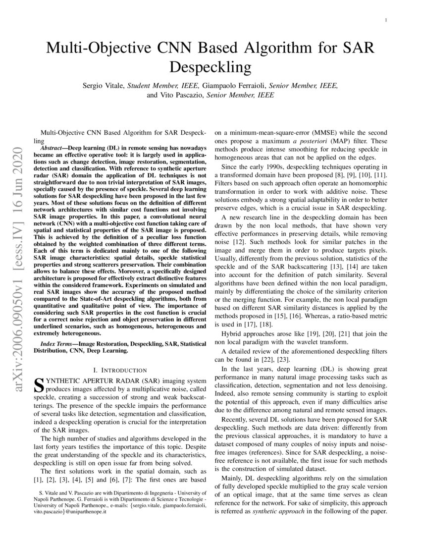 Multi-Objective CNN Based Algorithm for SAR Despeckling | DeepAI