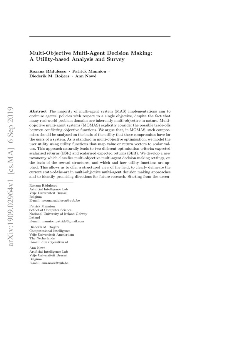 Multi-Objective Multi-Agent Decision Making: A Utility-based Analysis and Survey | DeepAI
