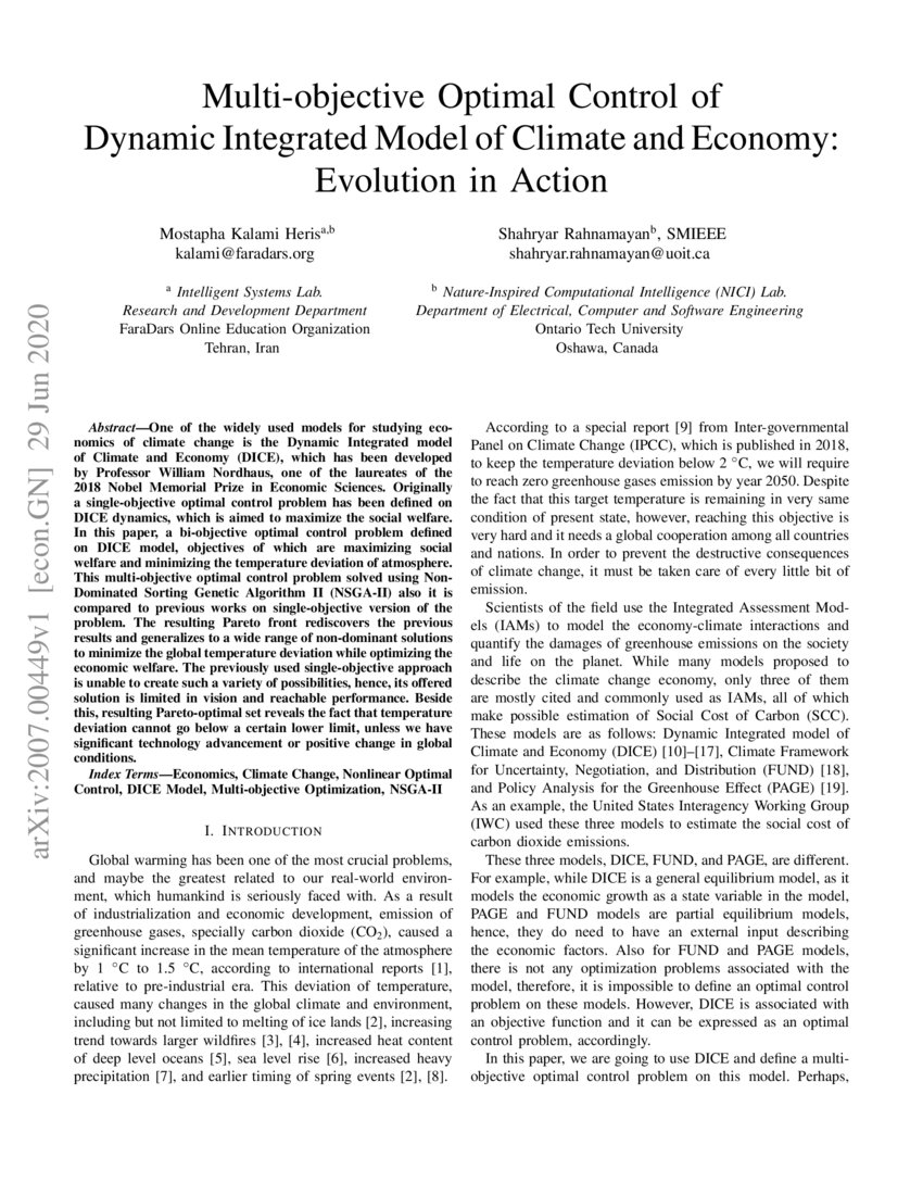 Multi Objective Optimal Control Of Dynamic Integrated Model Of Climate