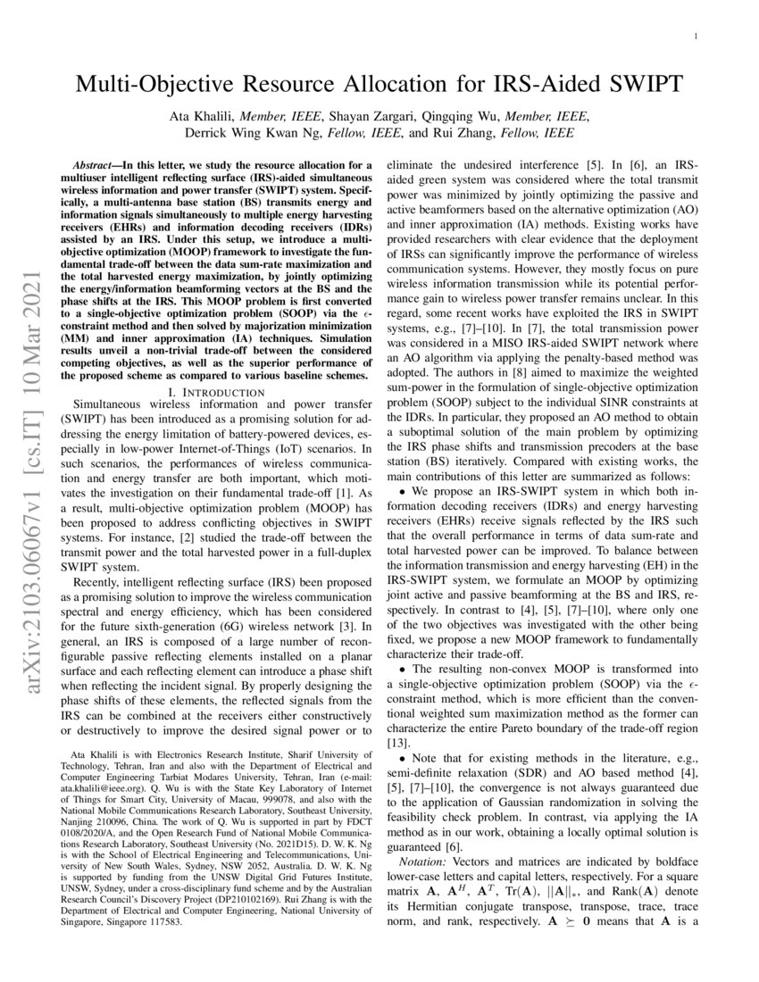 Multi-Objective Resource Allocation for IRS-Aided SWIPT | DeepAI