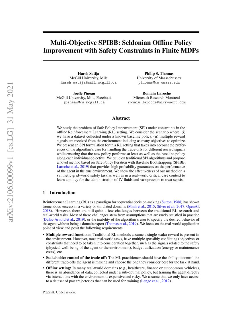 Multi-Objective SPIBB: Seldonian Offline Policy Improvement with Safety Constraints in Finite ...