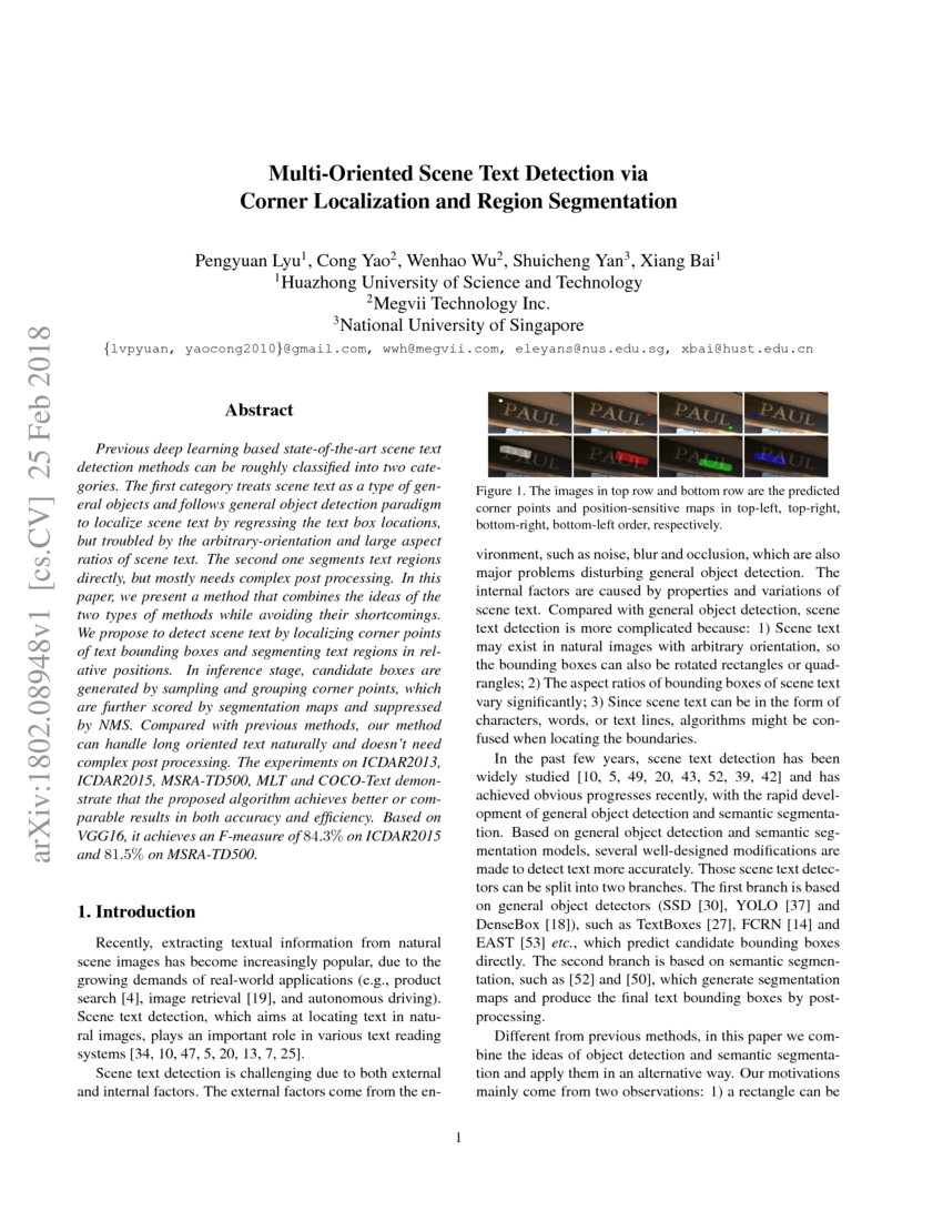 Multi Oriented Scene Text Detection Via Corner Localization And Region Segmentation Deepai