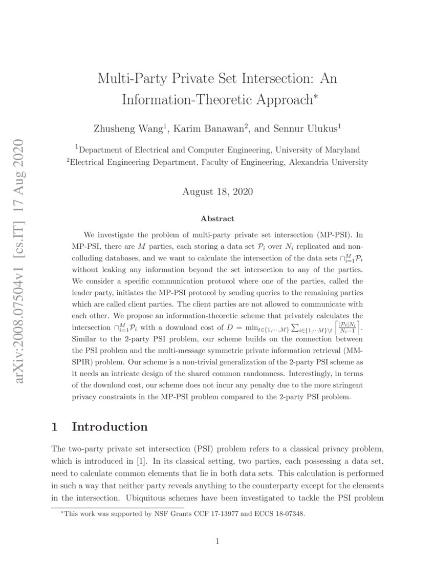 Multi-Party Private Set Intersection: An Information-Theoretic Approach | DeepAI
