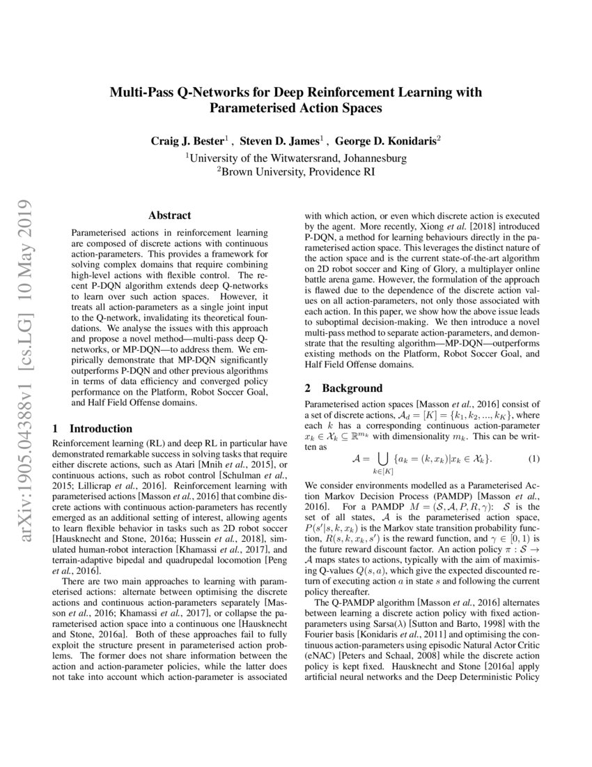 Multi Pass Q Networks For Deep Reinforcement Learning With Parameterised Action Spaces Deepai 
