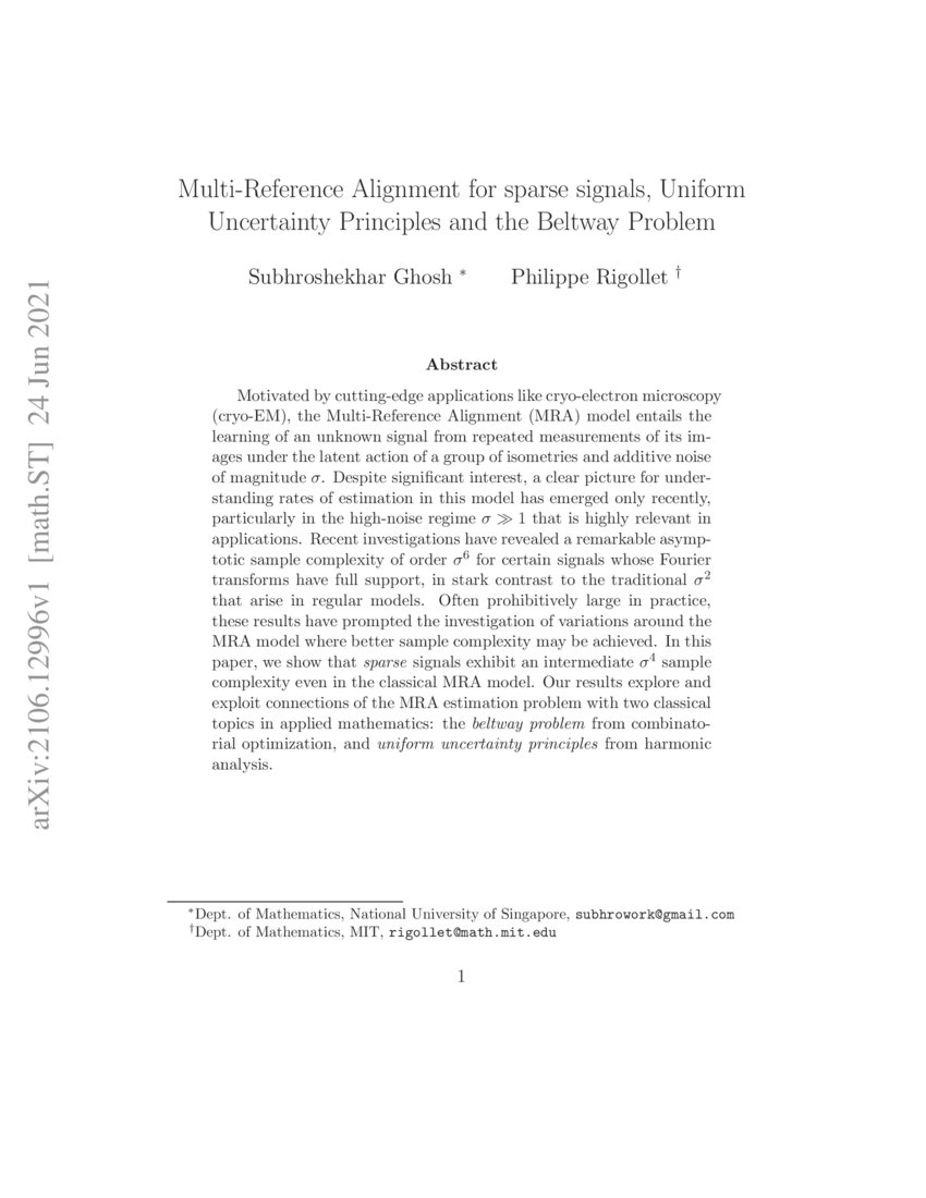 Multi-Reference Alignment for sparse signals, Uniform Uncertainty Principles and the Beltway ...