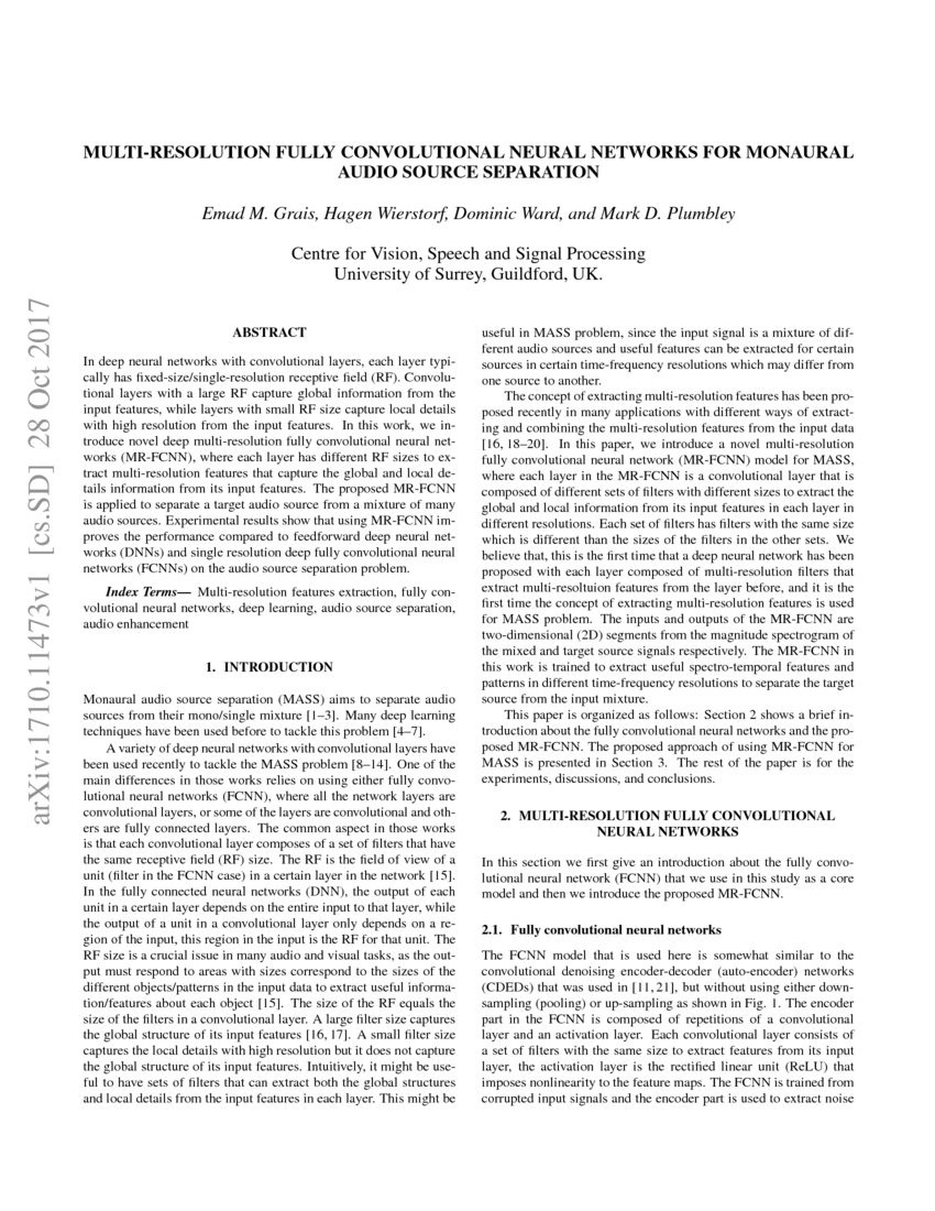 Multi Resolution Fully Convolutional Neural Networks For Monaural Audio Source Separation Deepai