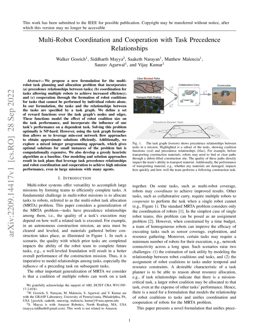 Multi Robot Coordination And Cooperation With Task Precedence Relationships Deepai