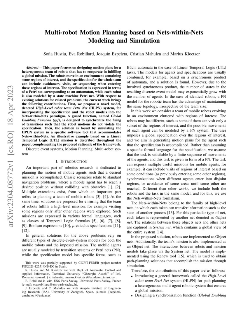 Multi-robot Motion Planning based on Nets-within-Nets Modeling and Simulation | DeepAI