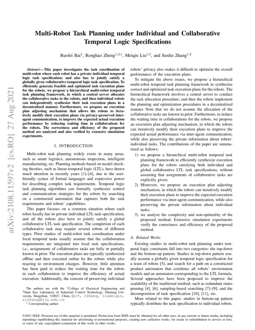 Multi Robot Task Planning Under Individual And Collaborative Temporal Logic Specifications Deepai 