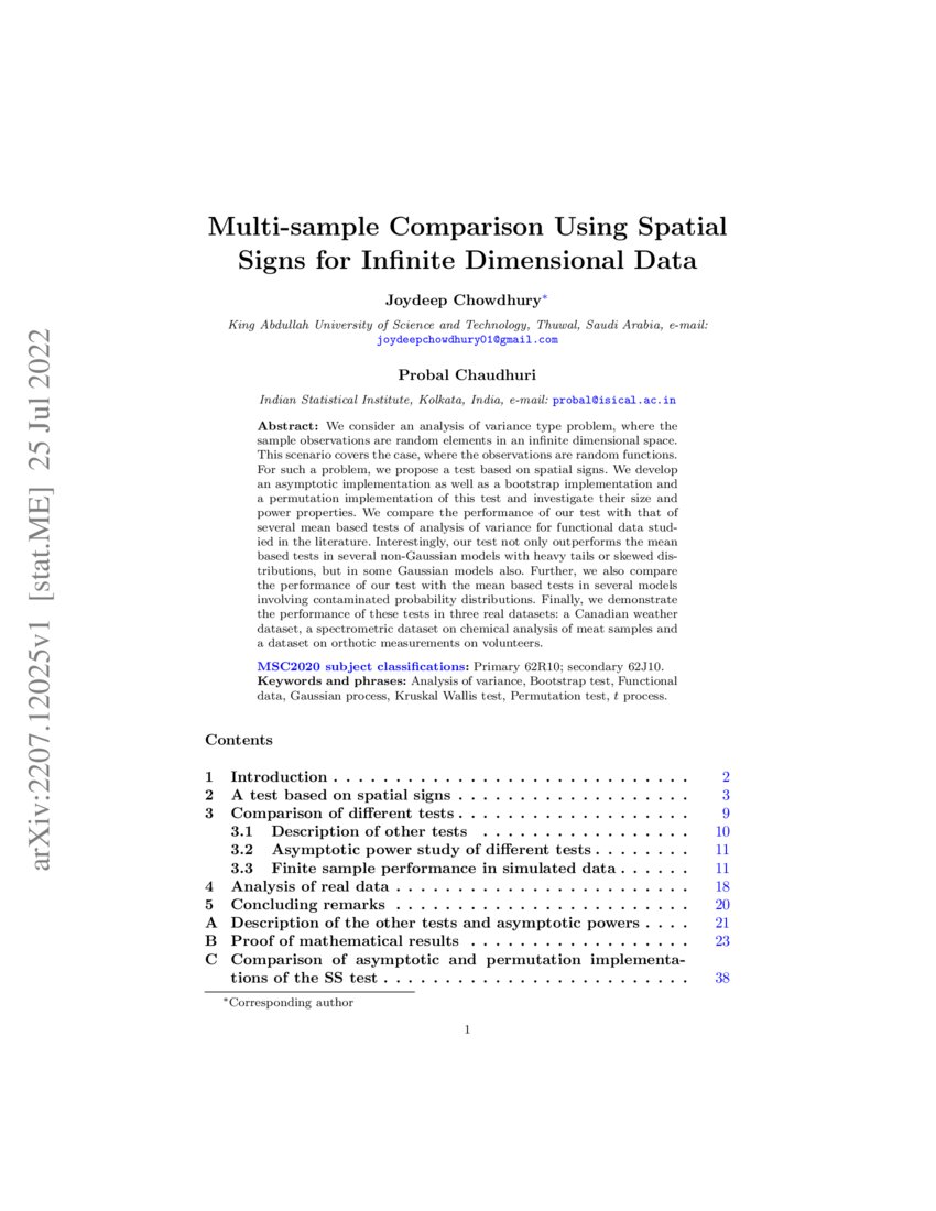 Multi Sample Comparison Using Spatial Signs For Infinite Dimensional