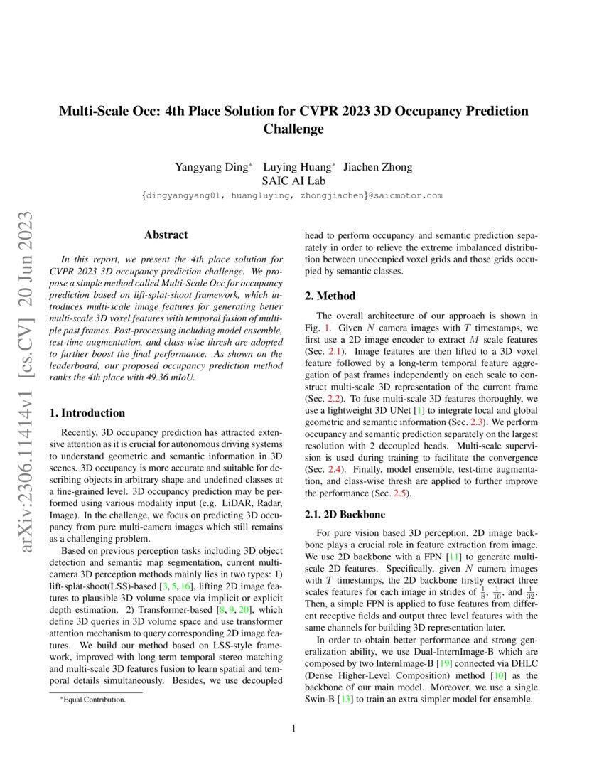 Multi-Scale Occ: 4th Place Solution for CVPR 2023 3D Occupancy Prediction Challenge | DeepAI