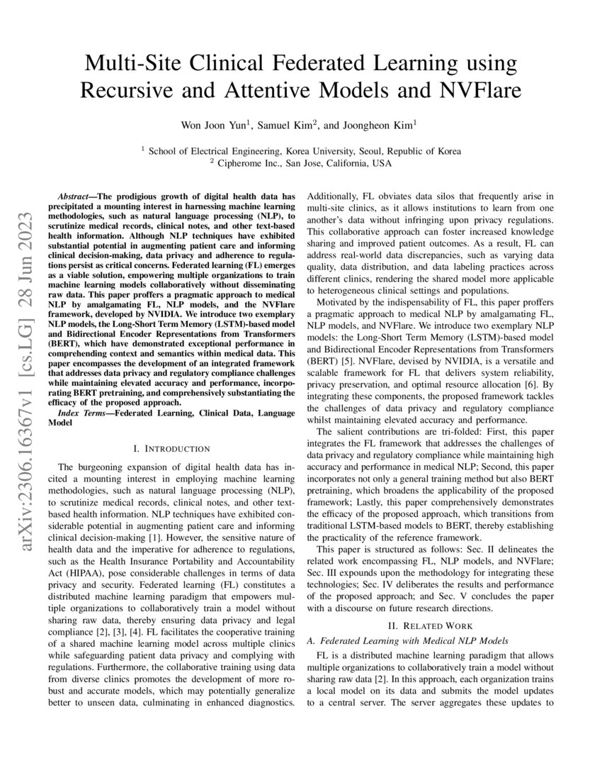 Multi-Site Clinical Federated Learning using Recursive and Attentive Models and NVFlare | DeepAI