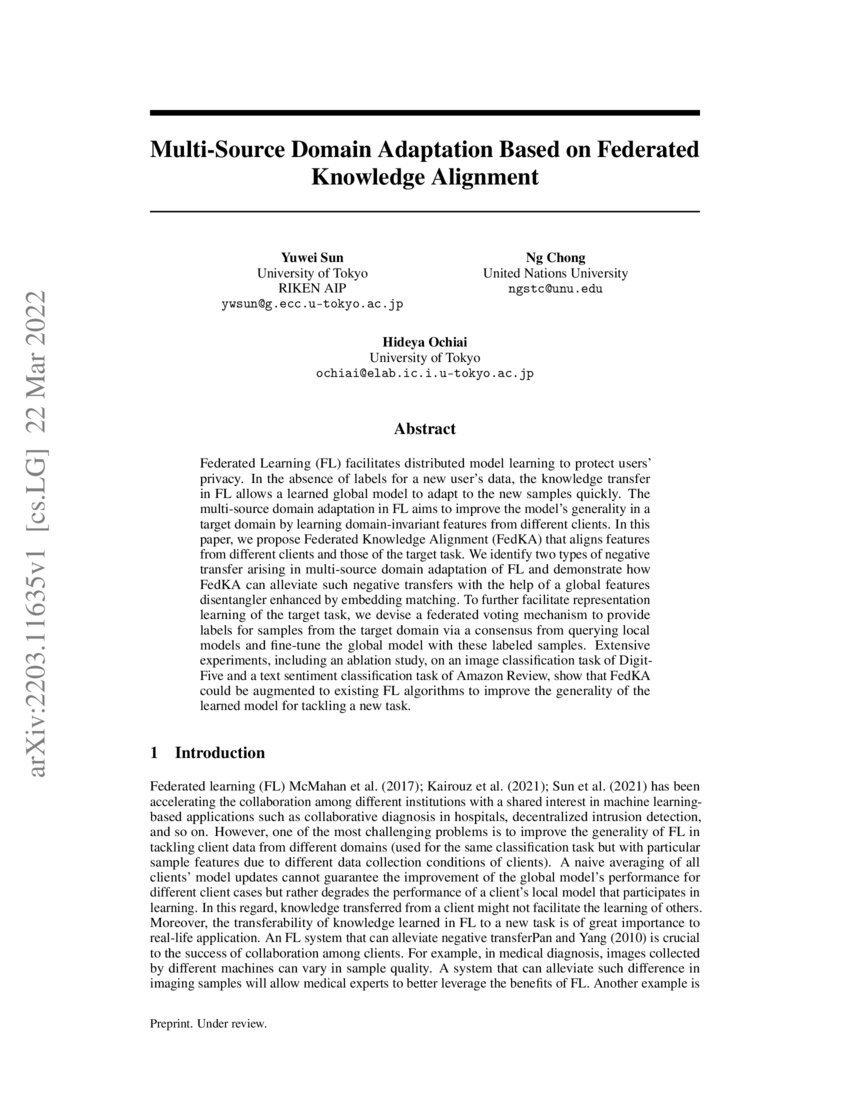 Multi-Source Domain Adaptation Based on Federated Knowledge Alignment | DeepAI