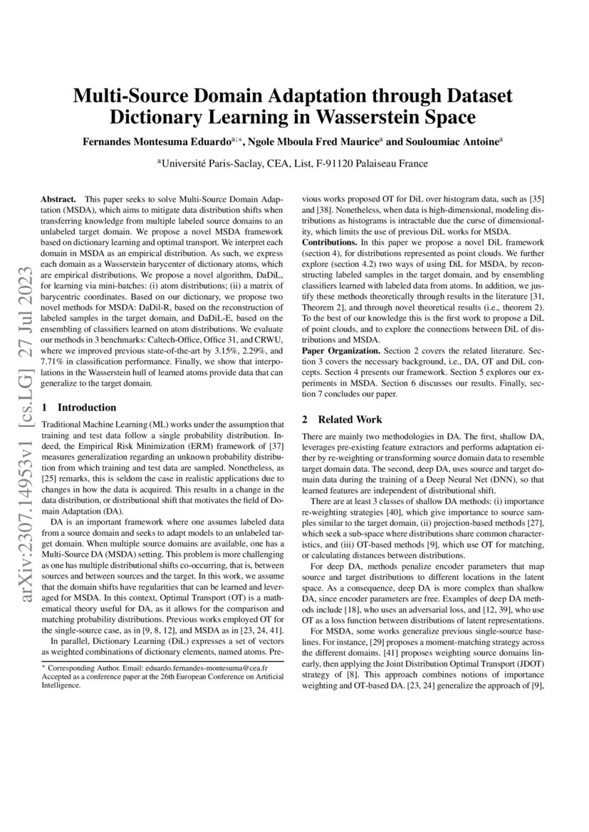Multi Source Domain Adaptation Through Dataset Dictionary Learning In Wasserstein Space Deepai