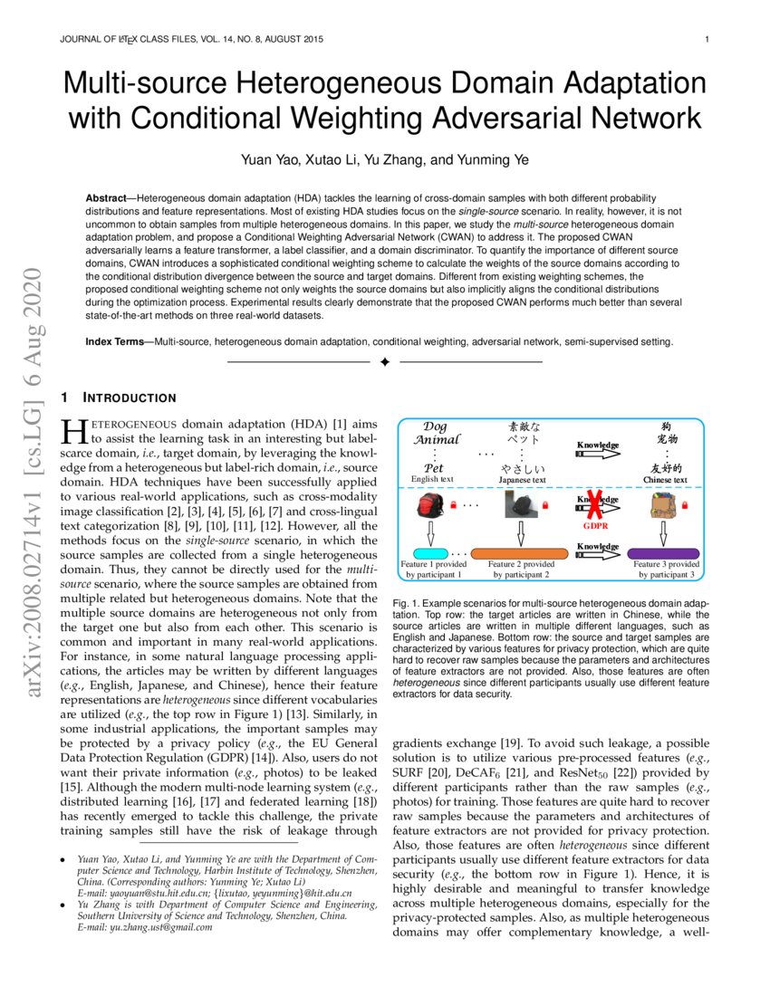 Multi-source Heterogeneous Domain Adaptation with Conditional Weighting Adversarial Network | DeepAI