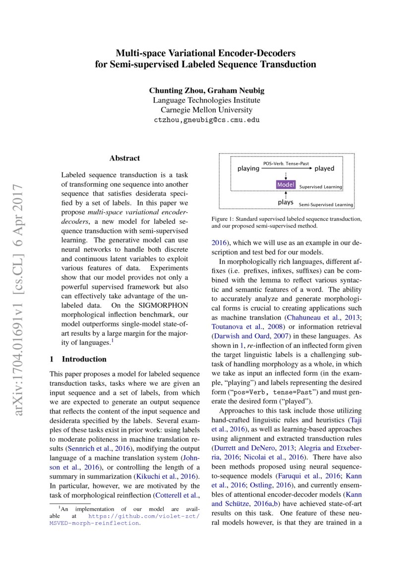 Multi Space Variational Encoder Decoders For Semi Supervised Labeled Sequence Transduction Deepai