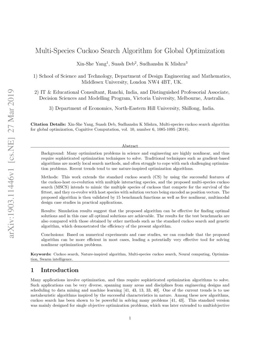 Multi Species Cuckoo Search Algorithm For Global Optimization Deepai