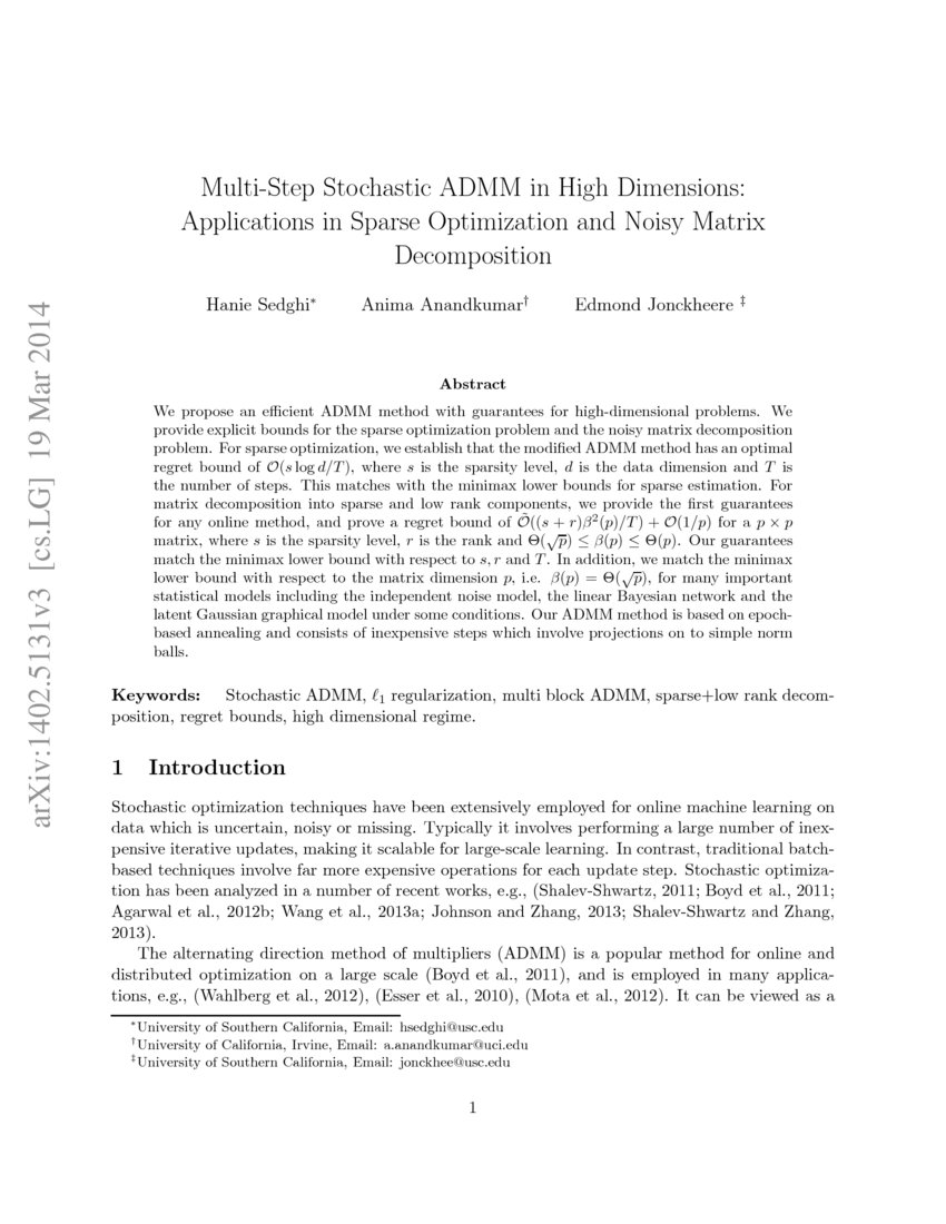 Multi Step Stochastic Admm In High Dimensions Applications To Sparse Optimization And Noisy