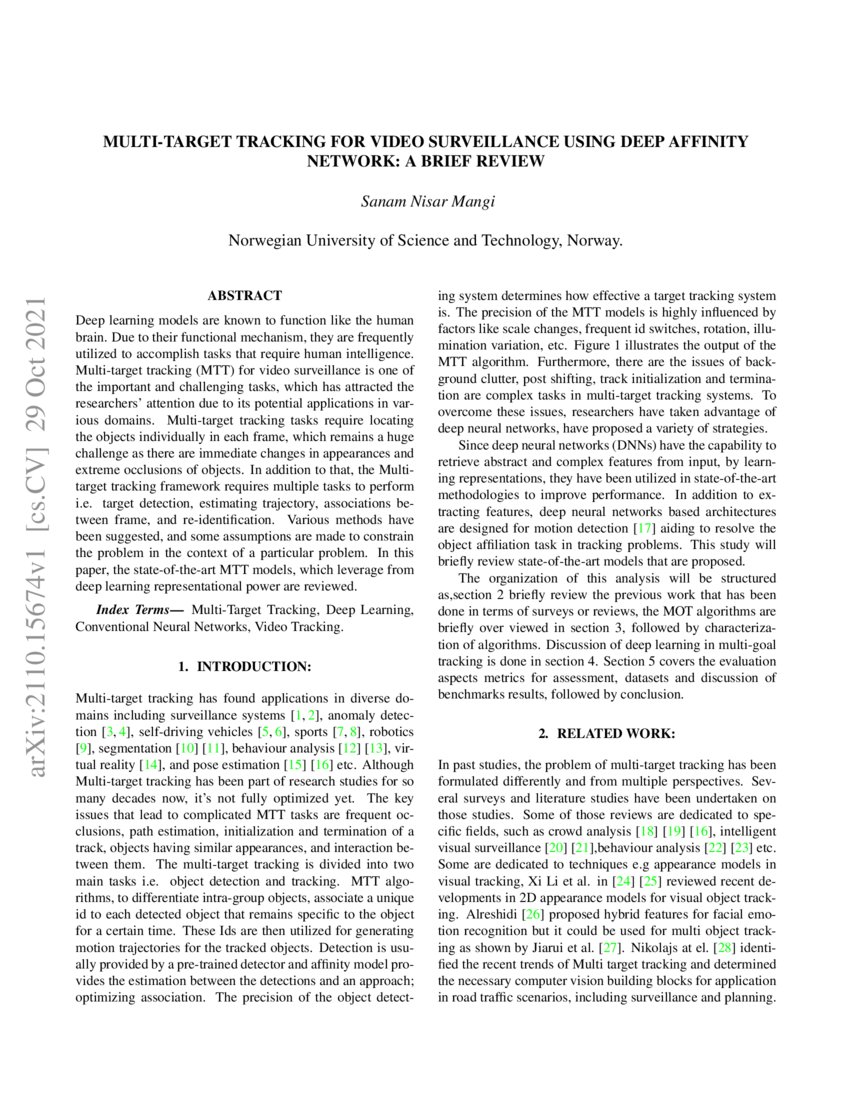 Multi-target tracking for video surveillance using deep affinity network: a brief review | DeepAI