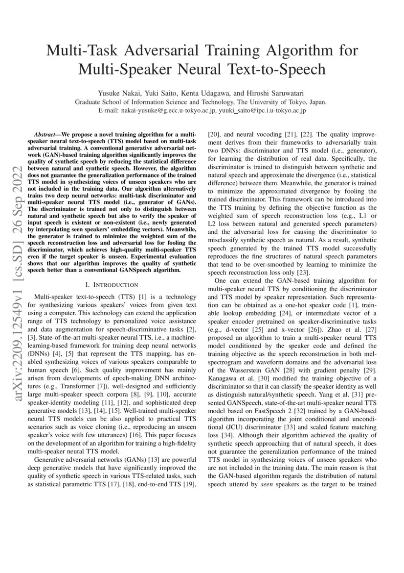 Multi-Task Adversarial Training Algorithm for Multi-Speaker Neural Text-to-Speech | DeepAI