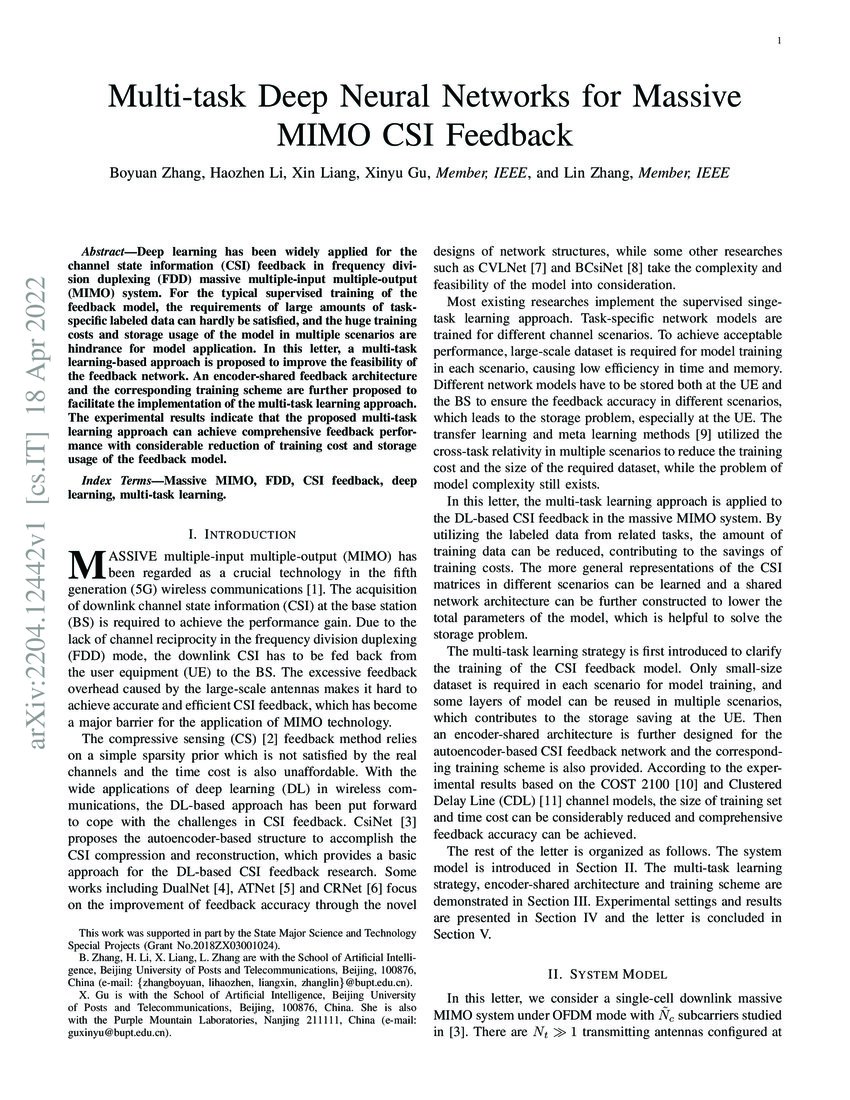 Multi-task Deep Neural Networks for Massive MIMO CSI Feedback | DeepAI
