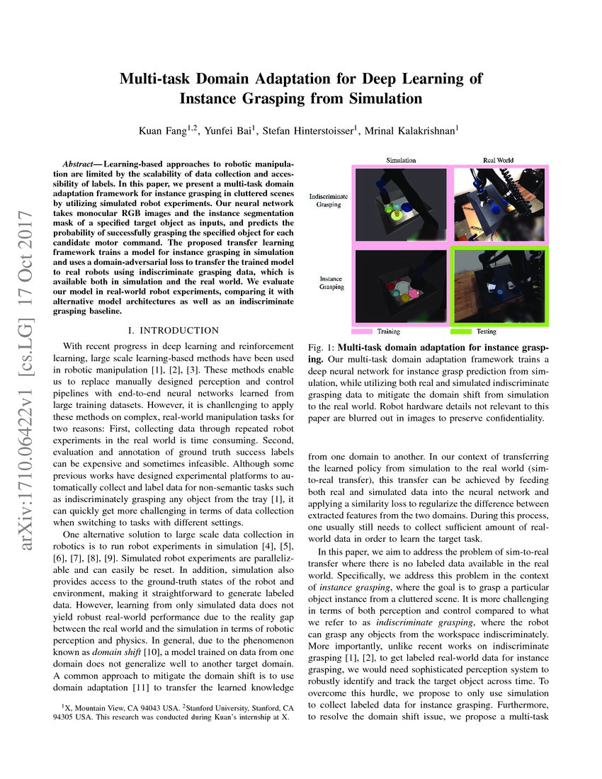 Multi Task Domain Adaptation For Deep Learning Of Instance Grasping