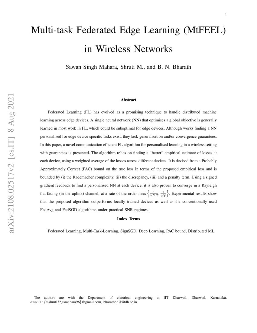 Multi-task Federated Edge Learning (MtFEEL) in Wireless Networks | DeepAI