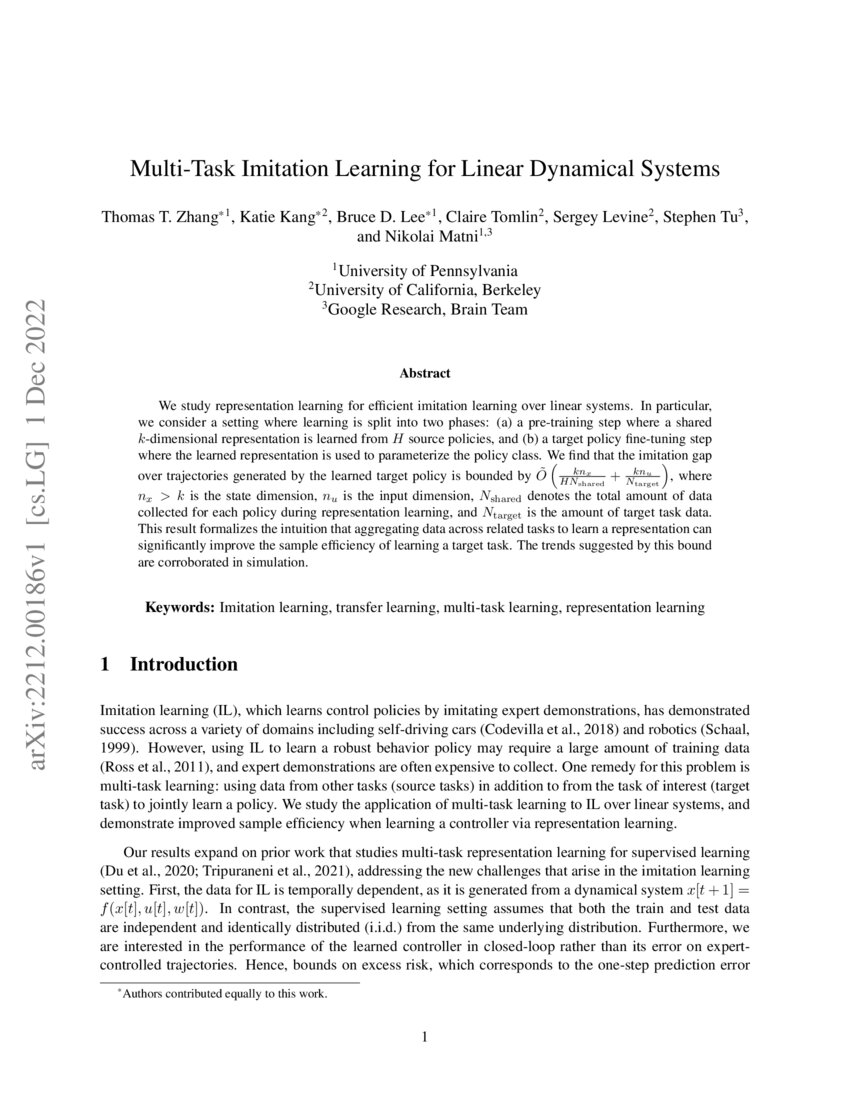 Multi-Task Imitation Learning for Linear Dynamical Systems | DeepAI Multi-Task Imitation Learning for Linear Dynamical Systems | DeepAI