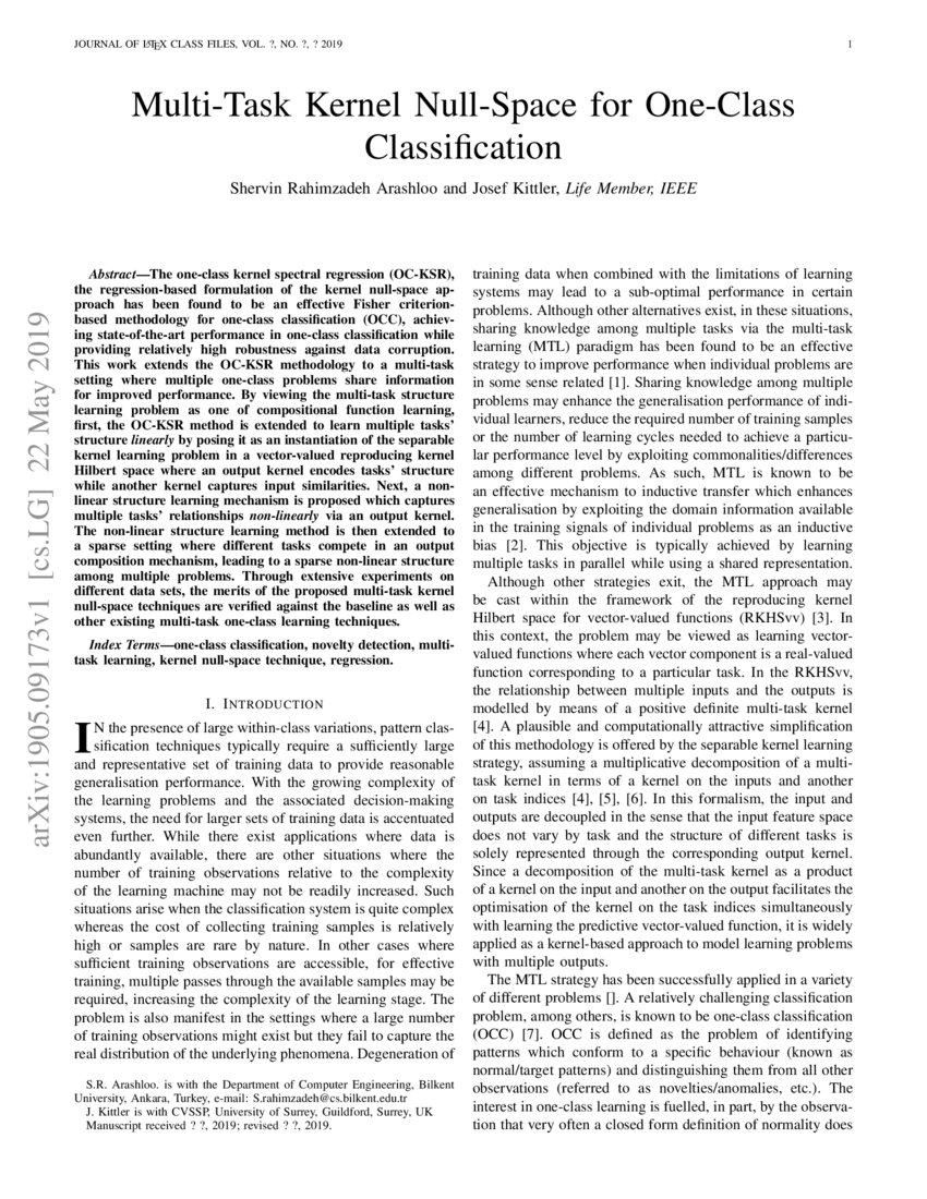 Multi Task Kernel Null Space For One Class Classification Deepai