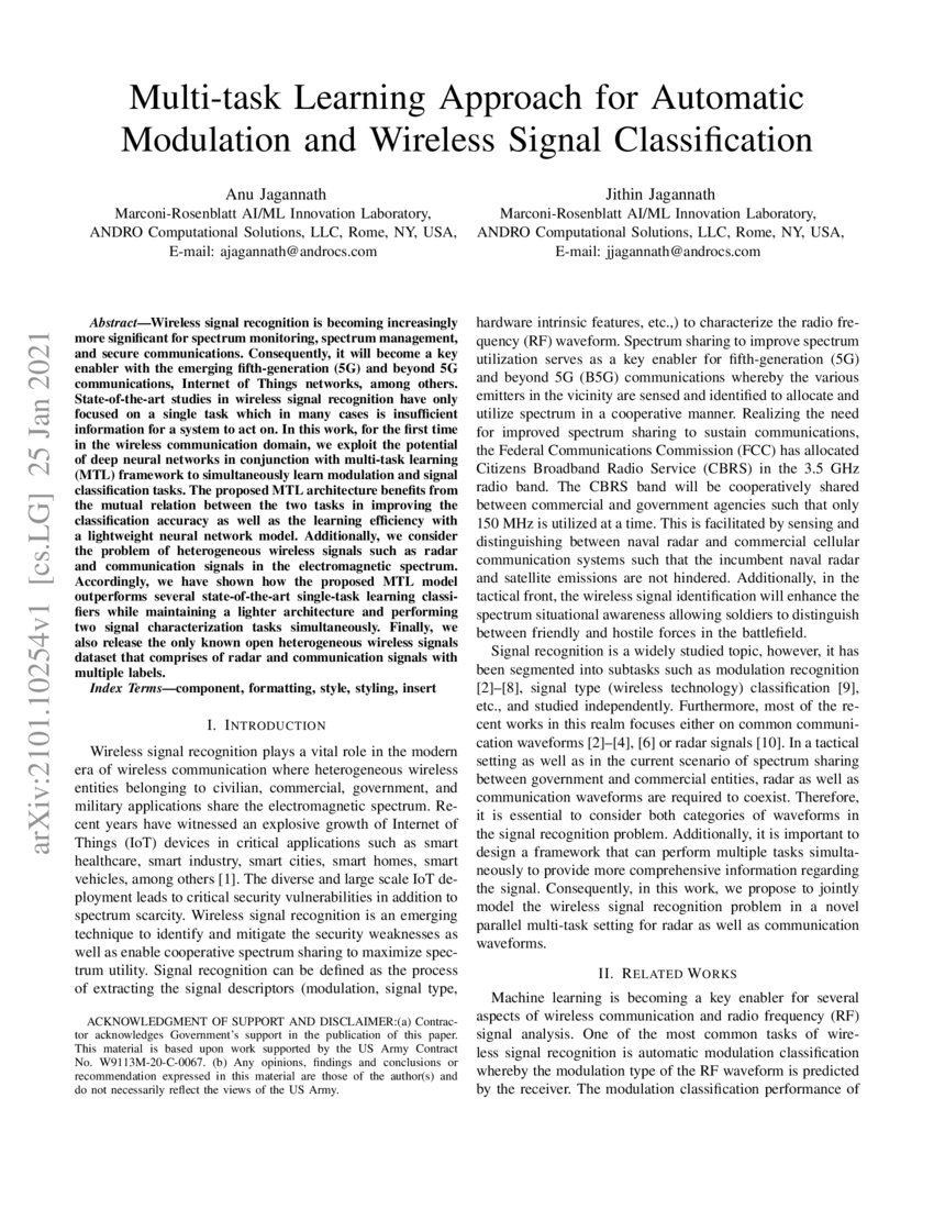 Multi Task Learning Approach For Automatic Modulation And Wireless Signal Classification Deepai