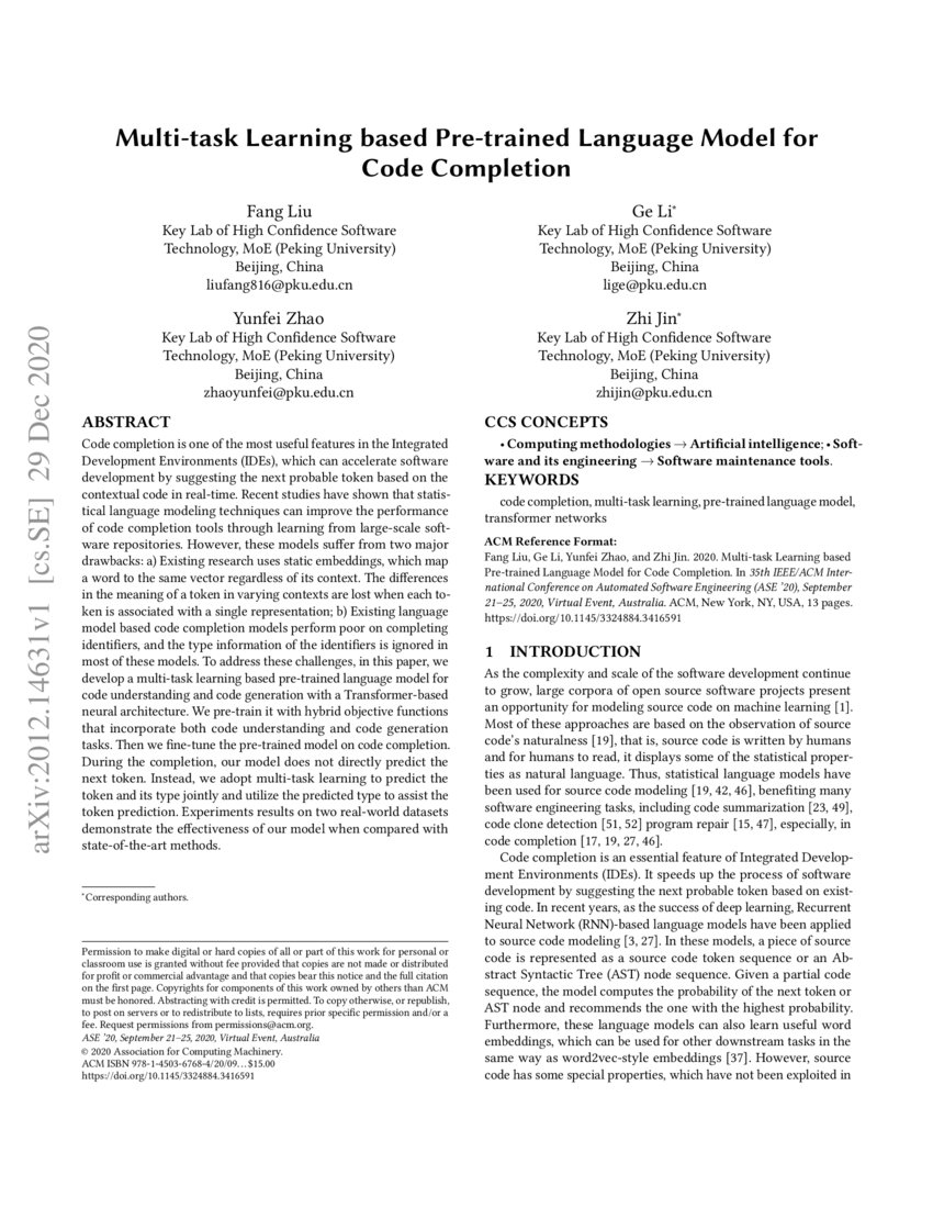 Multi-task Learning based Pre-trained Language Model for Code Completion | DeepAI