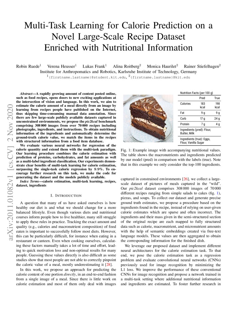 Multi-Task Learning for Calorie Prediction on a Novel Large-Scale ...