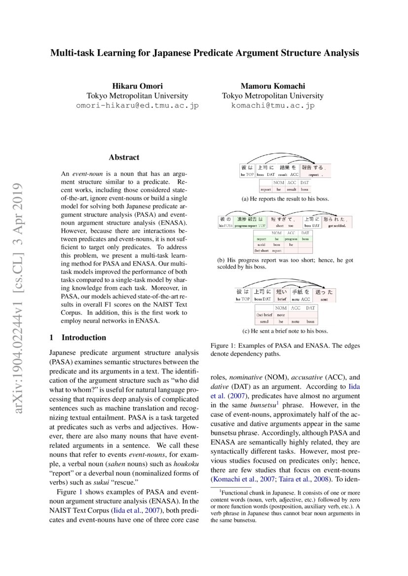 Multi Task Learning For Japanese Predicate Argument Structure Analysis Deepai