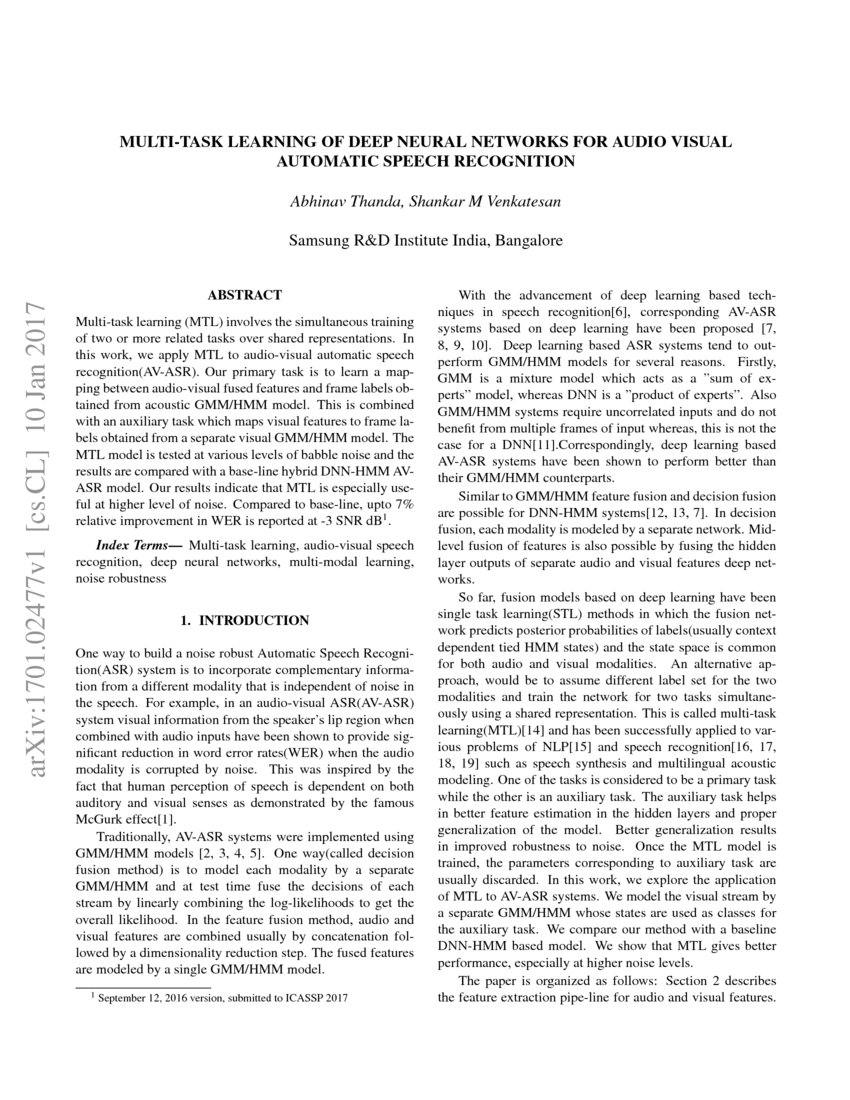 Multi Task Learning Of Deep Neural Networks For Audio Visual Automatic
