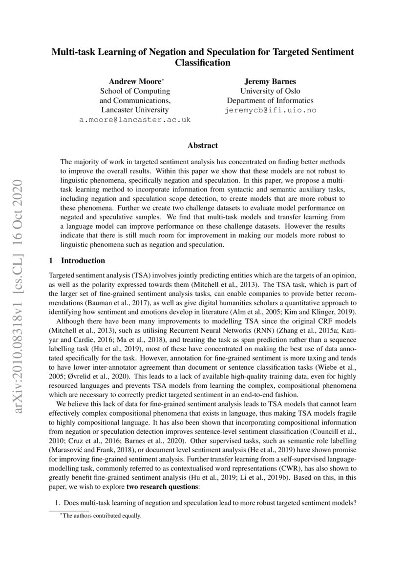 Multi Task Learning Of Negation And Speculation For Targeted Sentiment Classification Deepai