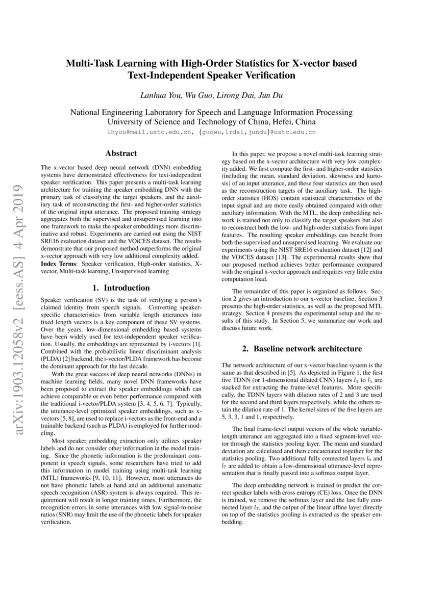 Multi-Task Learning with High-Order Statistics for X-vector based Text-Independent Speaker ...