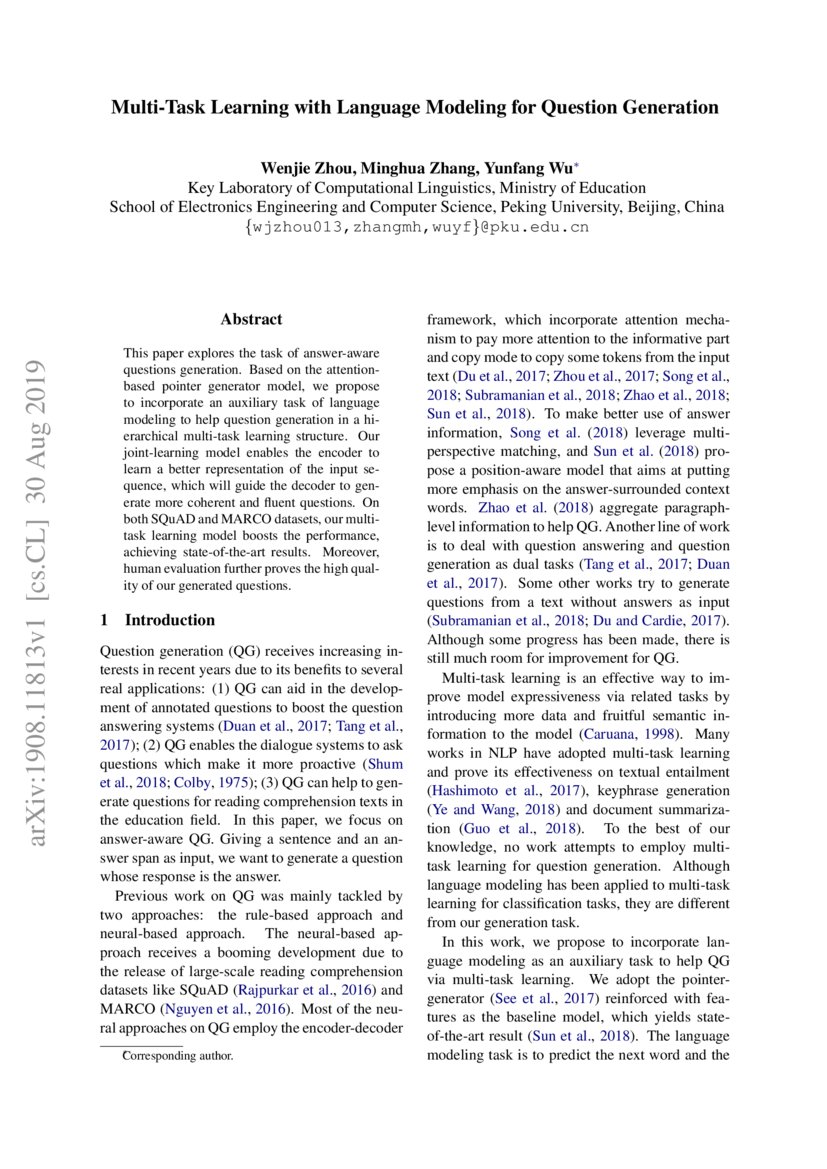 Multi-Task Learning with Language Modeling for Question Generation | DeepAI