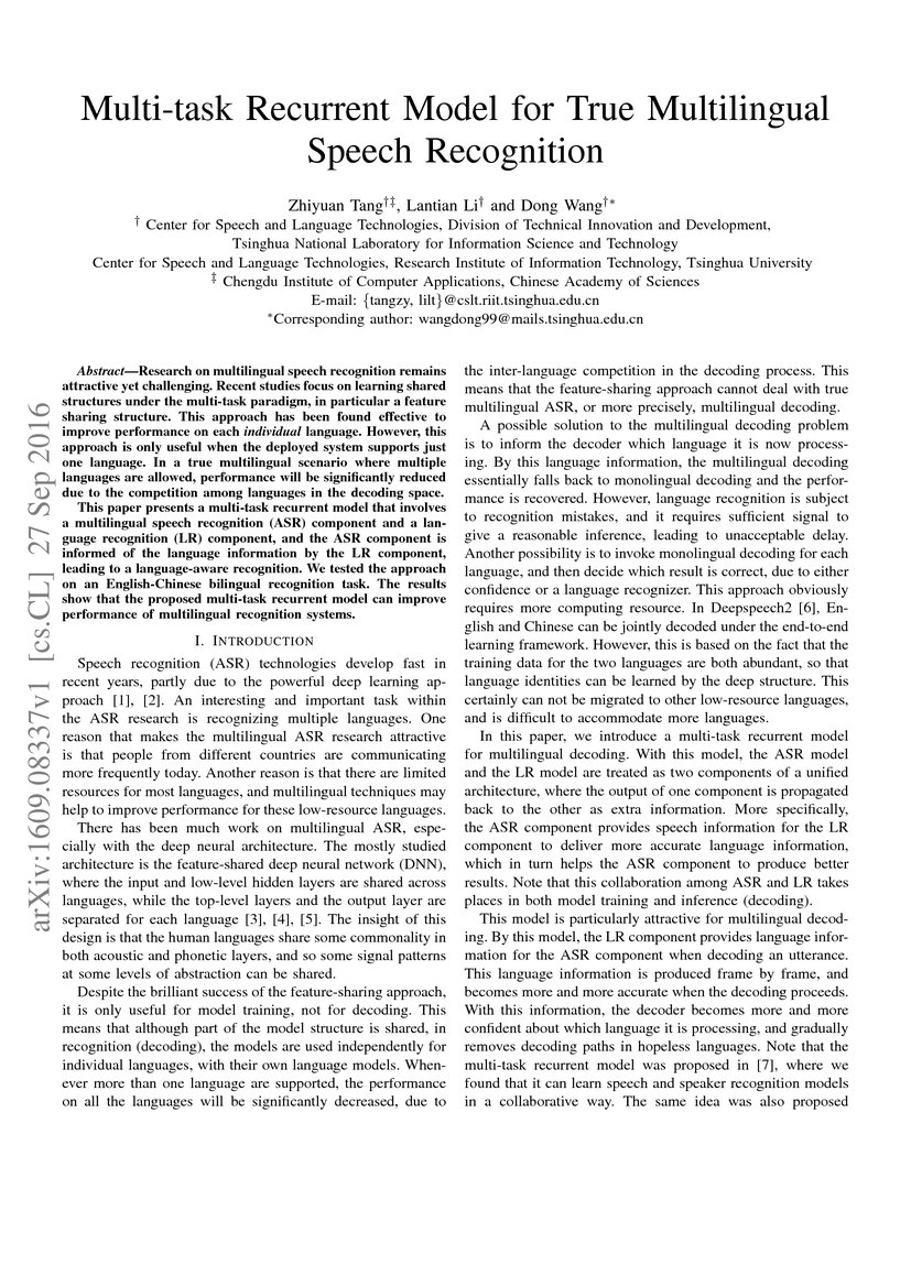 Multi-task Recurrent Model for True Multilingual Speech Recognition | DeepAI