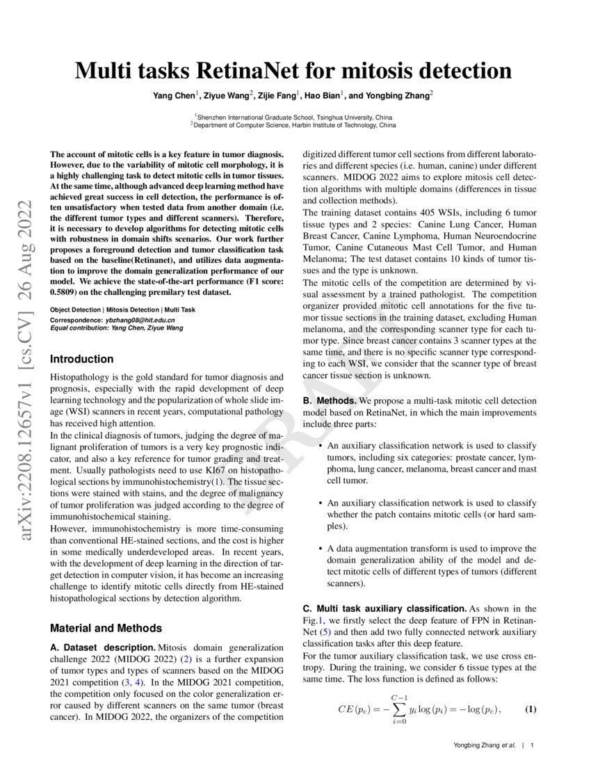 Multi tasks RetinaNet for mitosis detection | DeepAI