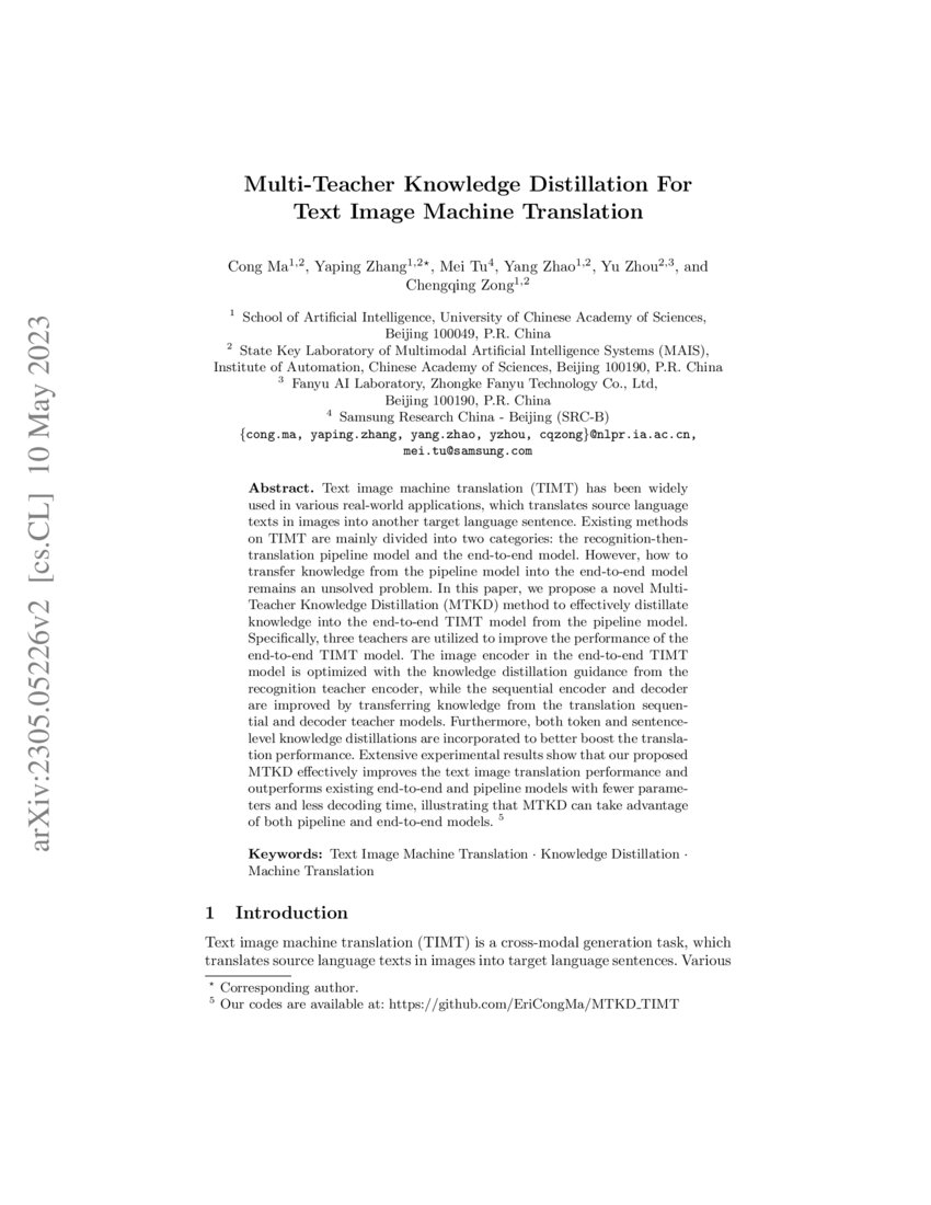 Multi-Teacher Knowledge Distillation For Text Image Machine Translation | DeepAI