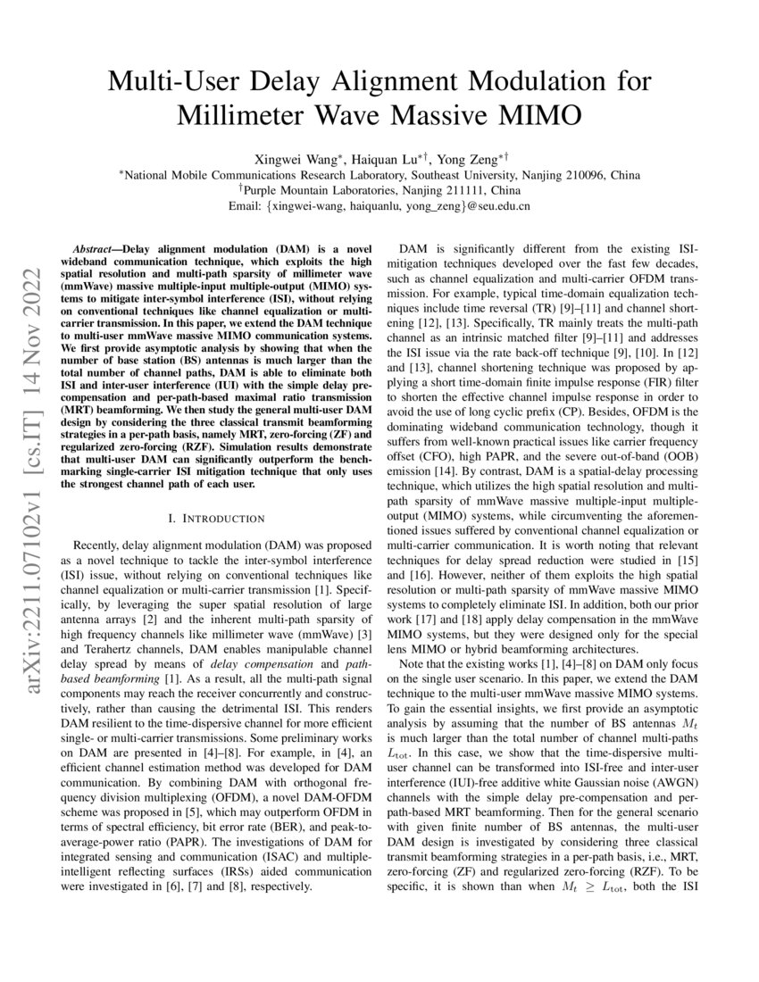 Multi User Delay Alignment Modulation For Millimeter Wave Massive Mimo Deepai