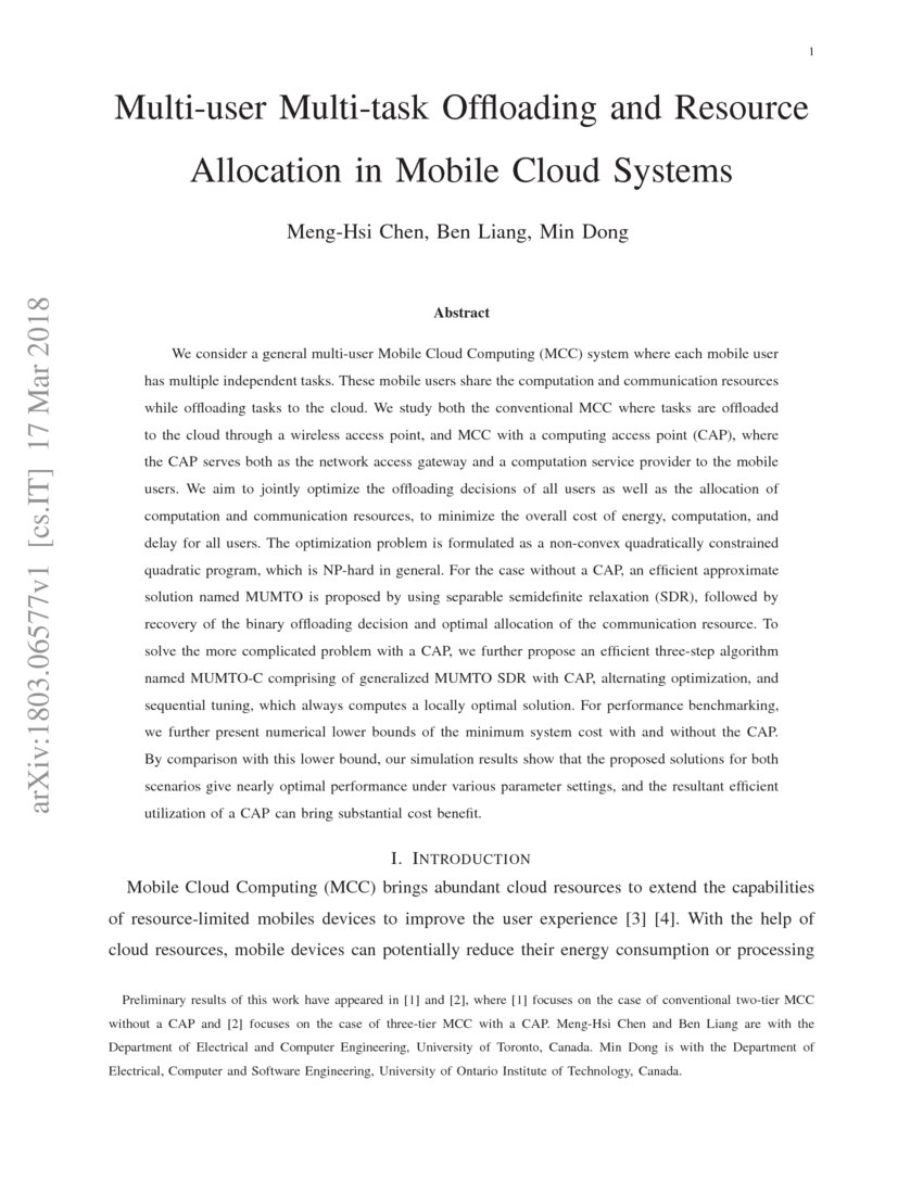 Multi User Multi Task Offloading And Resource Allocation In Mobile Cloud Systems Deepai