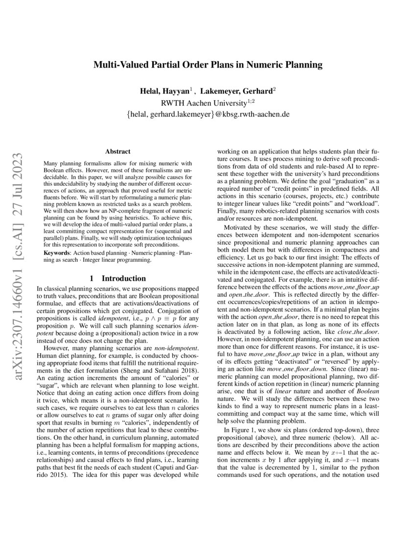 Multi-Valued Partial Order Plans in Numeric Planning | DeepAI